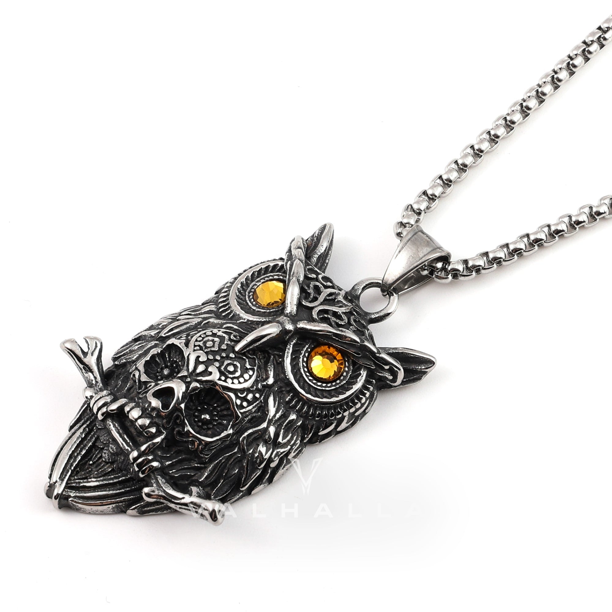 Owl Stainless Steel Gemstone Skull Pendant & Chain – Valhalla Fallen